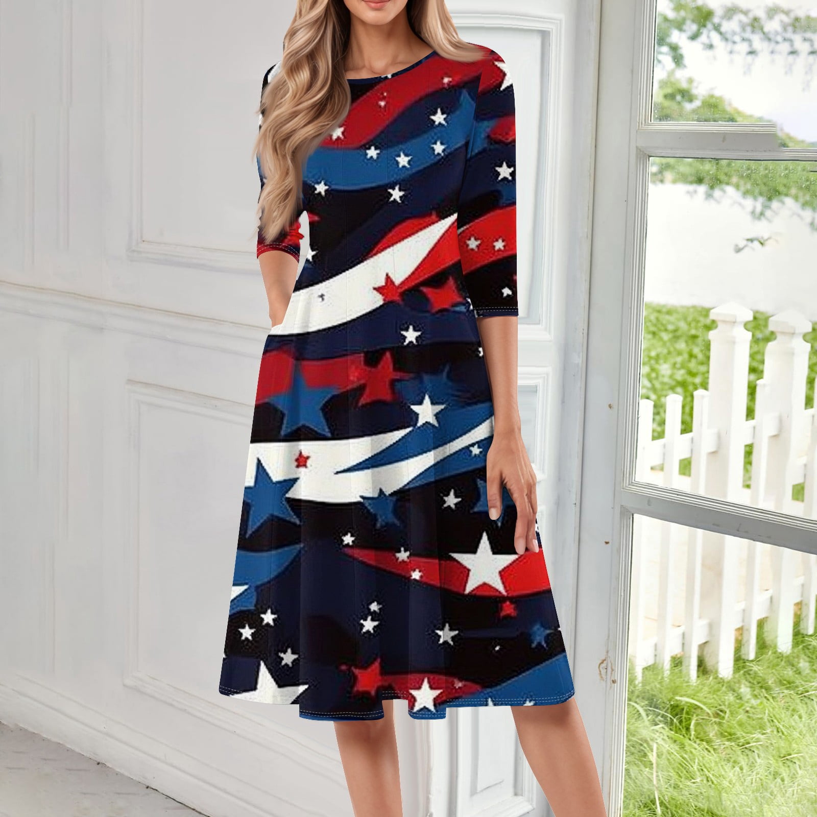 Ovticza Usa Flag Dress Crew Neck Sleeveless Midi Dress Pleated Spring ...