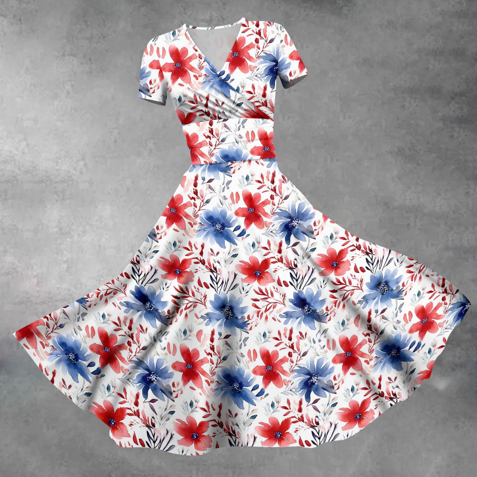 Ovticza Usa Flag Graphic Patriotic Dress Warp V Neck Short Sleeve Midi ...