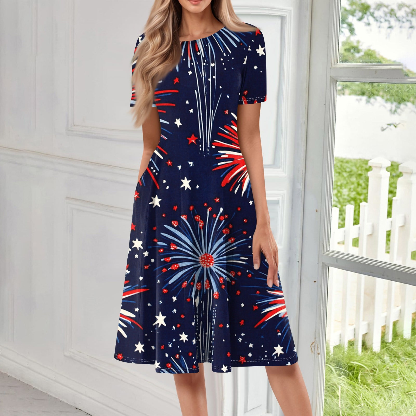Ovticza Usa Flag Patriotic Dress Crew Neck Swing Flowy Midi Dresses for ...