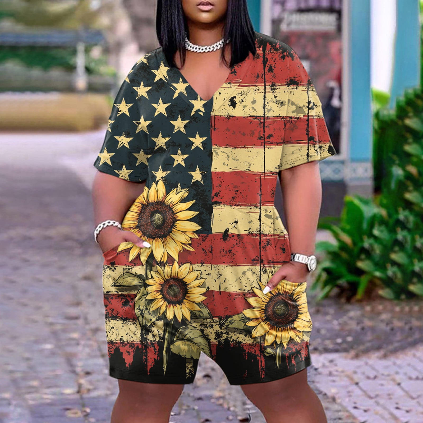 Ovticza Usa Flag Patriotic Jumpsuits V Neck Short Sleeve Usa Flag ...