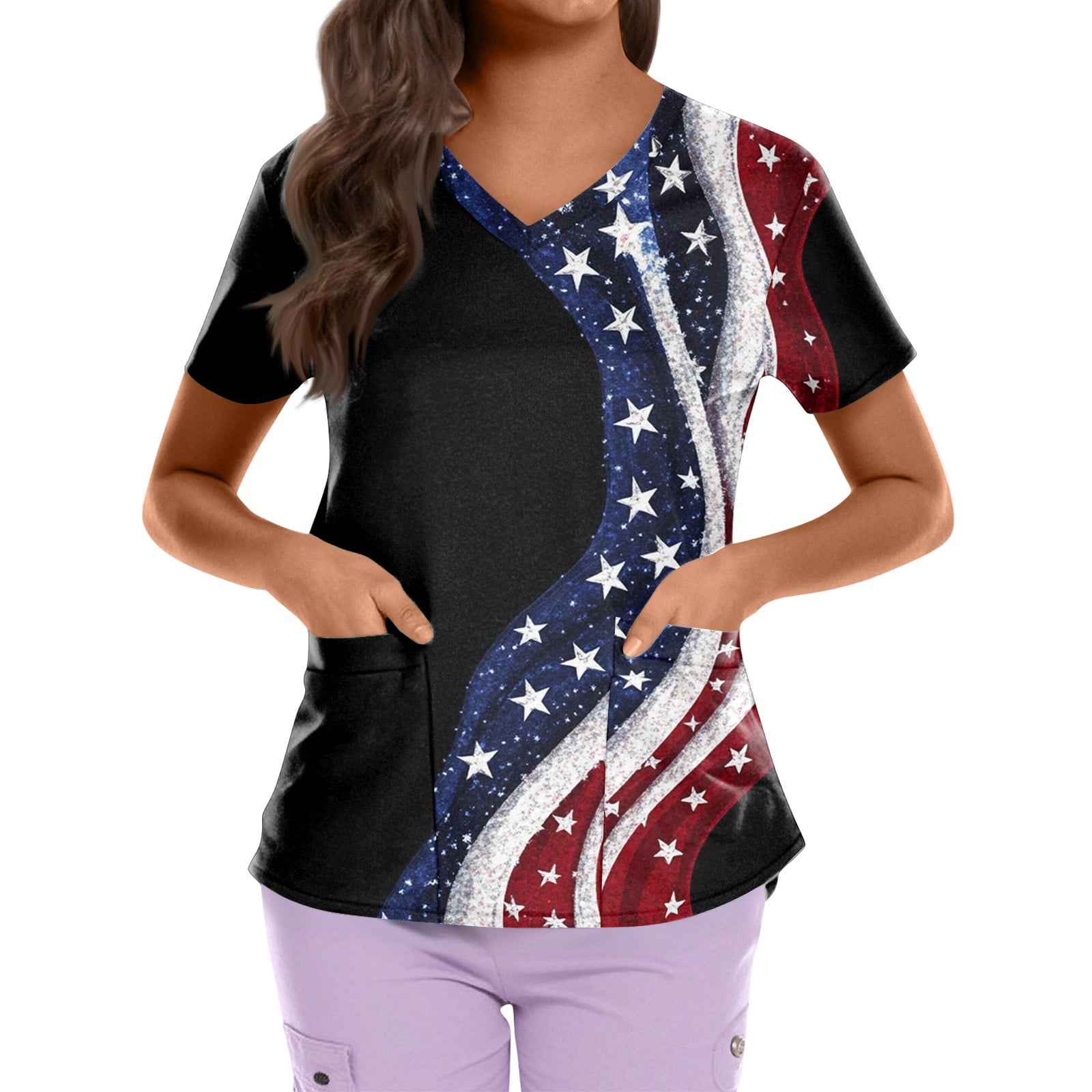 Ovticza Usa Flag Stars Stripes Graphic Scrub Tops V Neck Short Sleeve ...