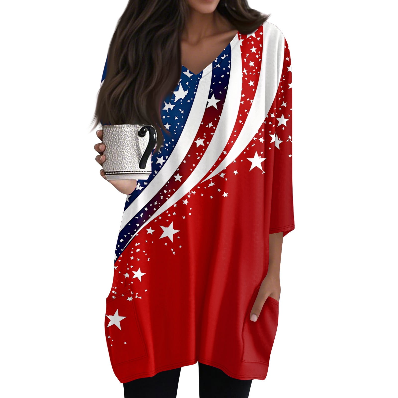 Ovticza Usa Flag Stars Stripes Graphic Tunic Tops Tops 3/4 Sleeve V ...