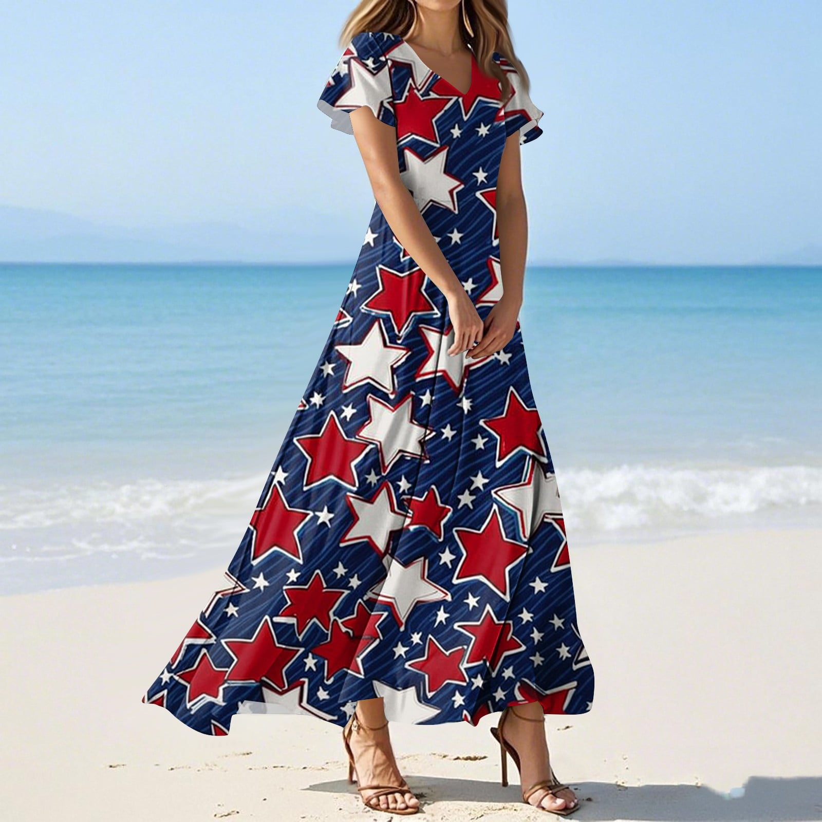 Ovticza Usa Star Stripes Fourth July Dress V Neck Short Sleeve Swing ...
