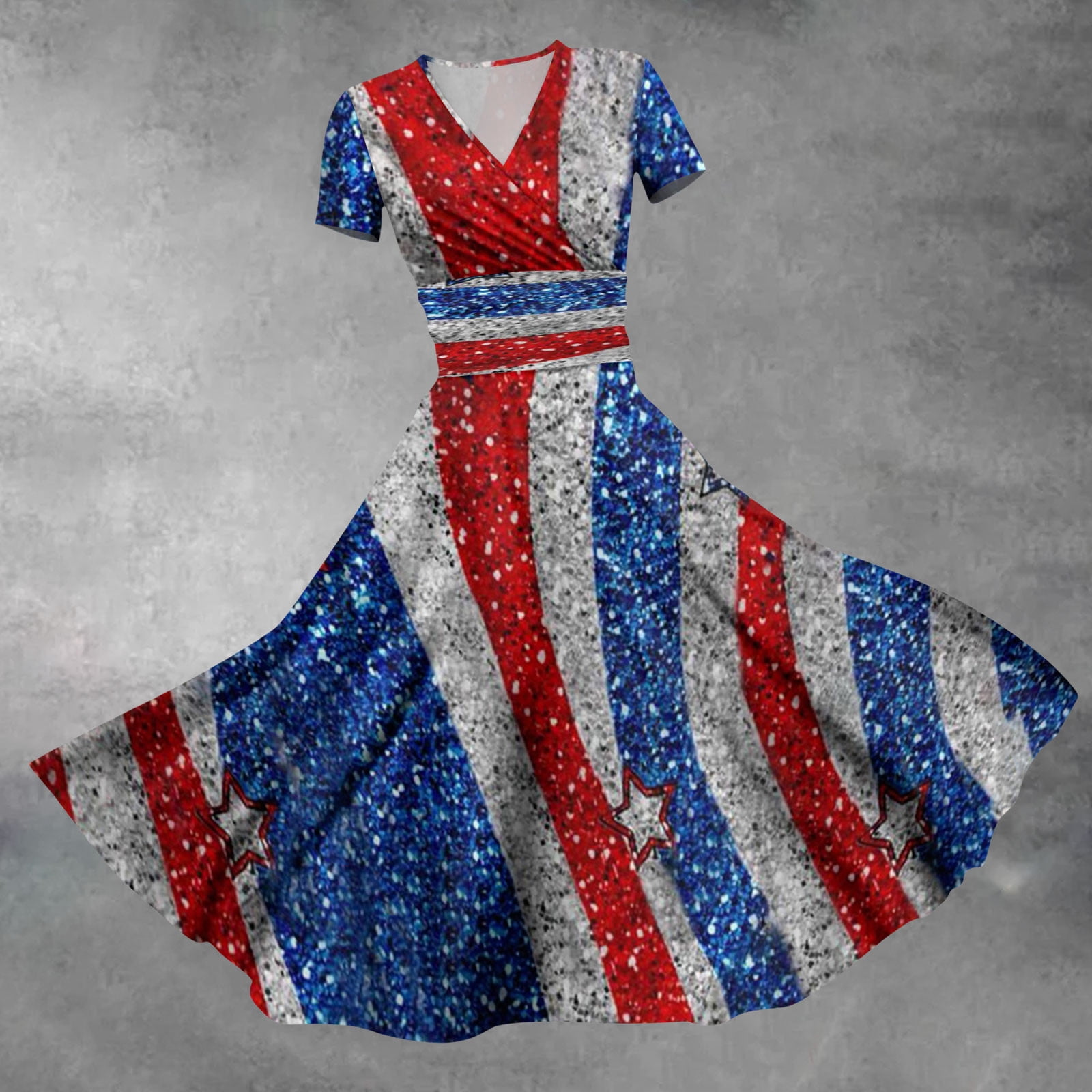 Ovticza Usa Stars Stripes Dress Warp V Neck Short Sleeve Spring Midi ...