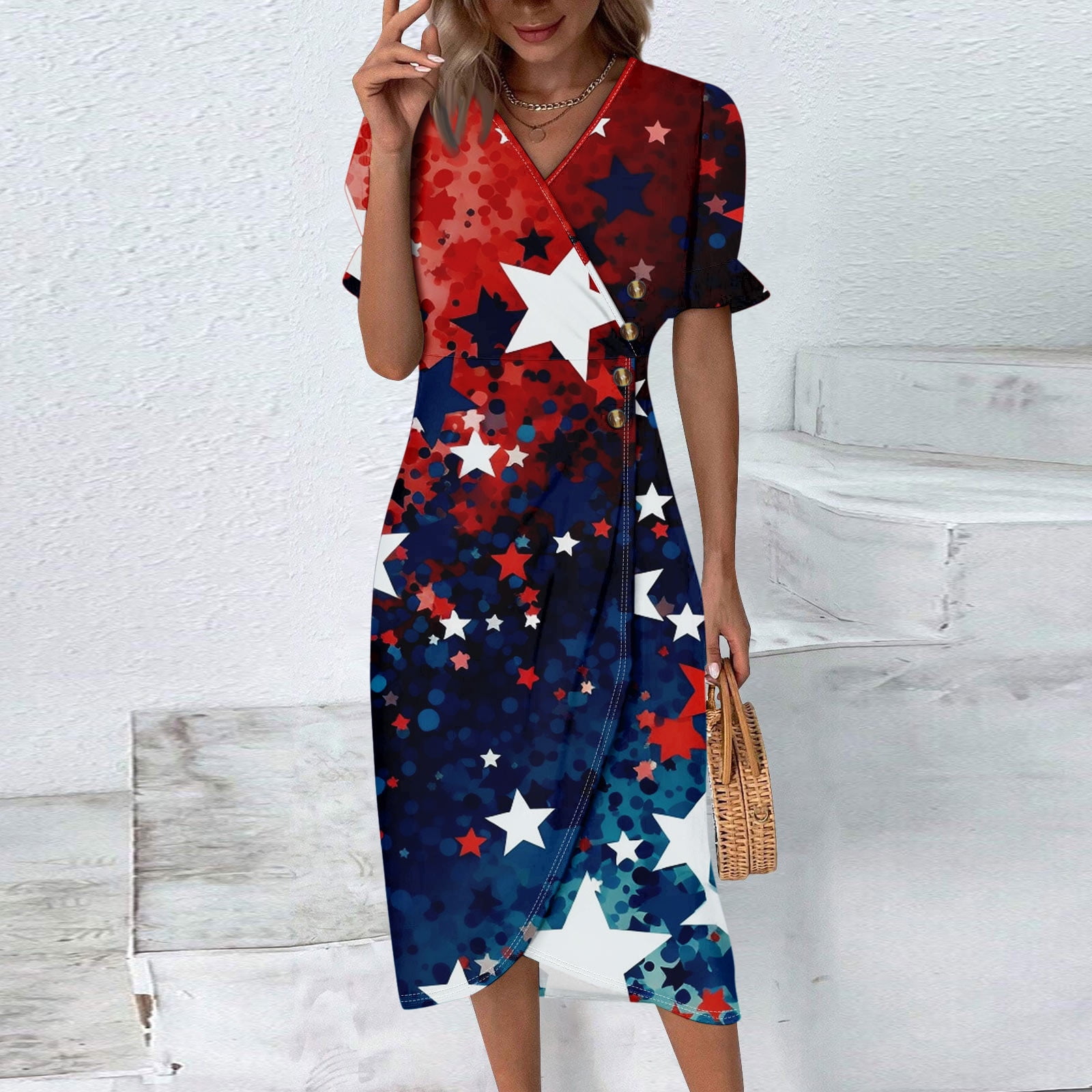 Ovticza Usa Stars Stripes Dress Wrap V Neck Puff Short Sleeve Midi ...
