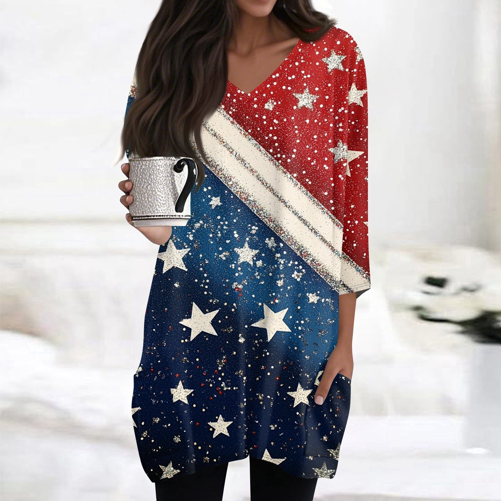 Ovticza Usa Stars Stripes Tunic Tops Square Neck Short Sleeve American ...