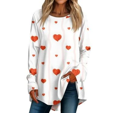 Abcnature Love Heart Print T-Shirt for Women, Crewneck Long Sleeve ...