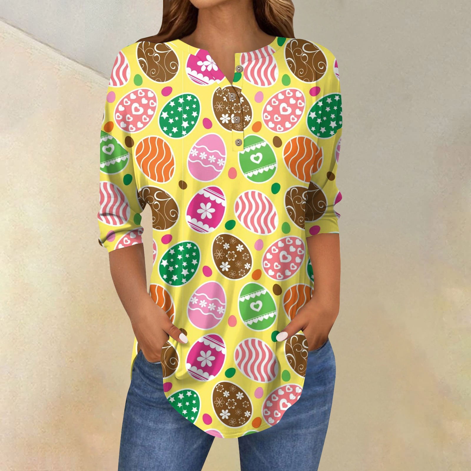 Ovticza Women Happy Easter Tops Button Up Women's 3/4 Sleeve Tops and ...