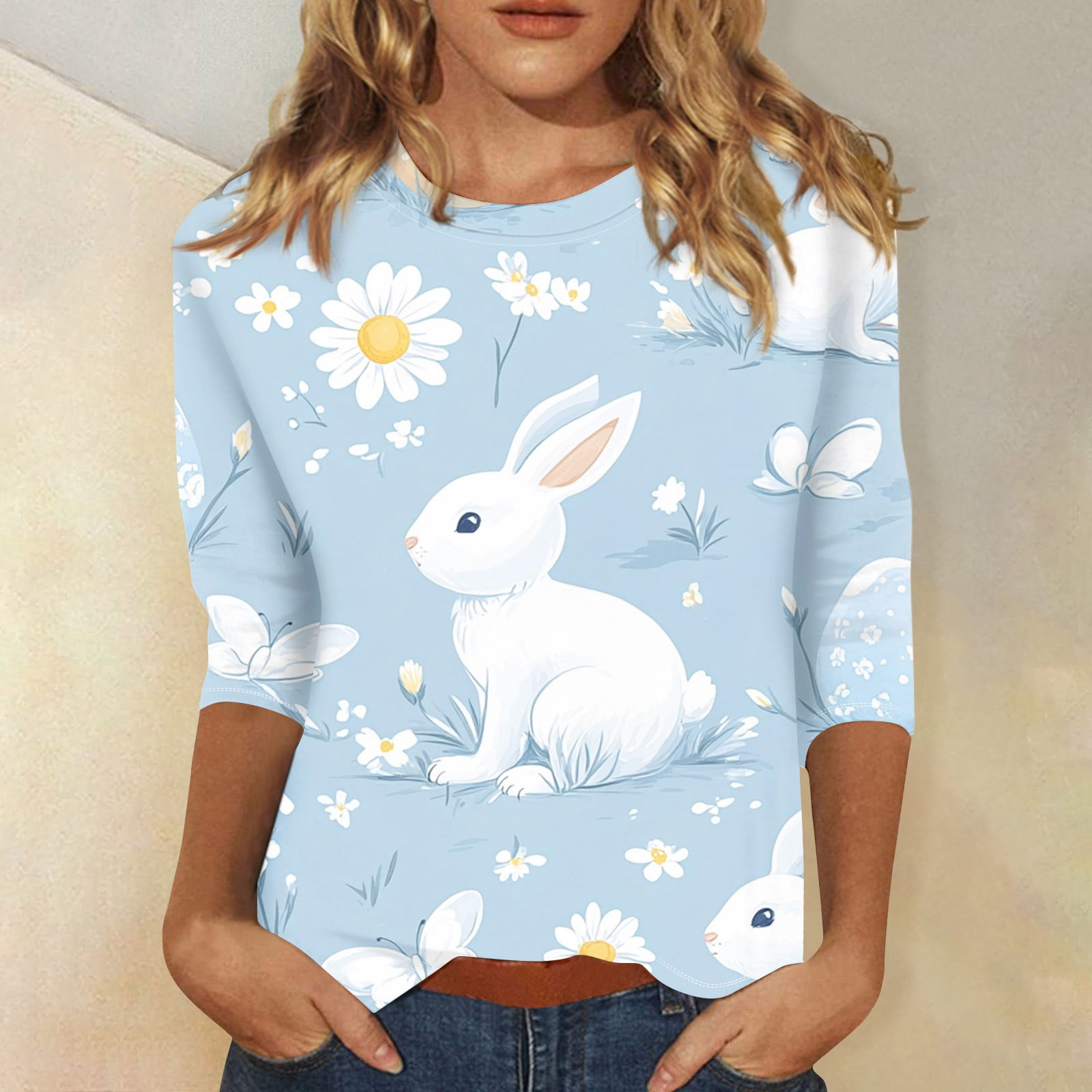 Ovticza Women Happy Easter Tops Crew Neck Womens Plus Size Tops 3/4 ...
