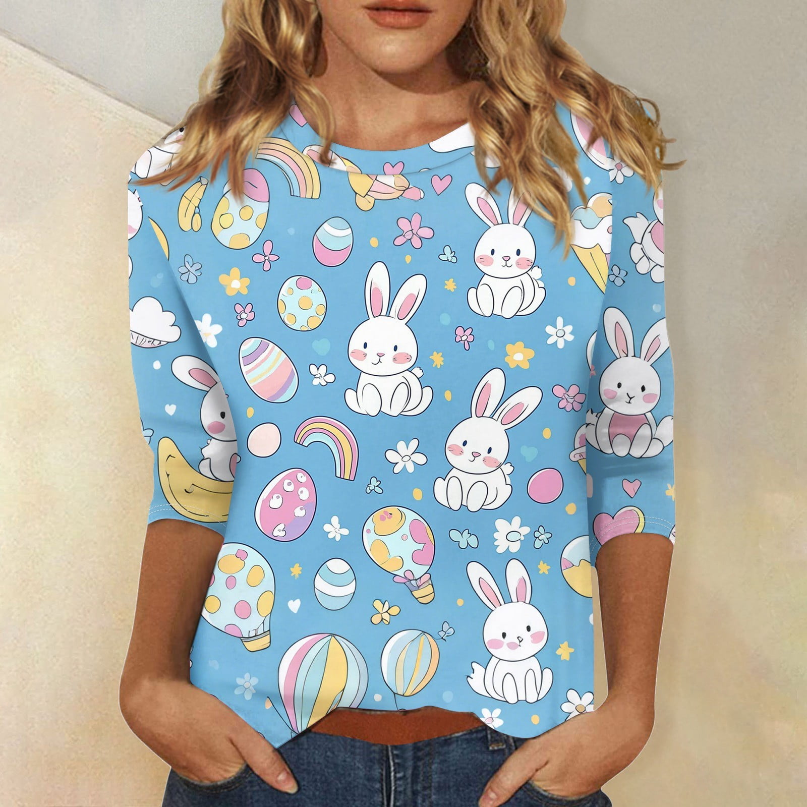 Ovticza Women Happy Easter Tops Round Neck Ladies Tops 3/4 Sleeve Bunny ...