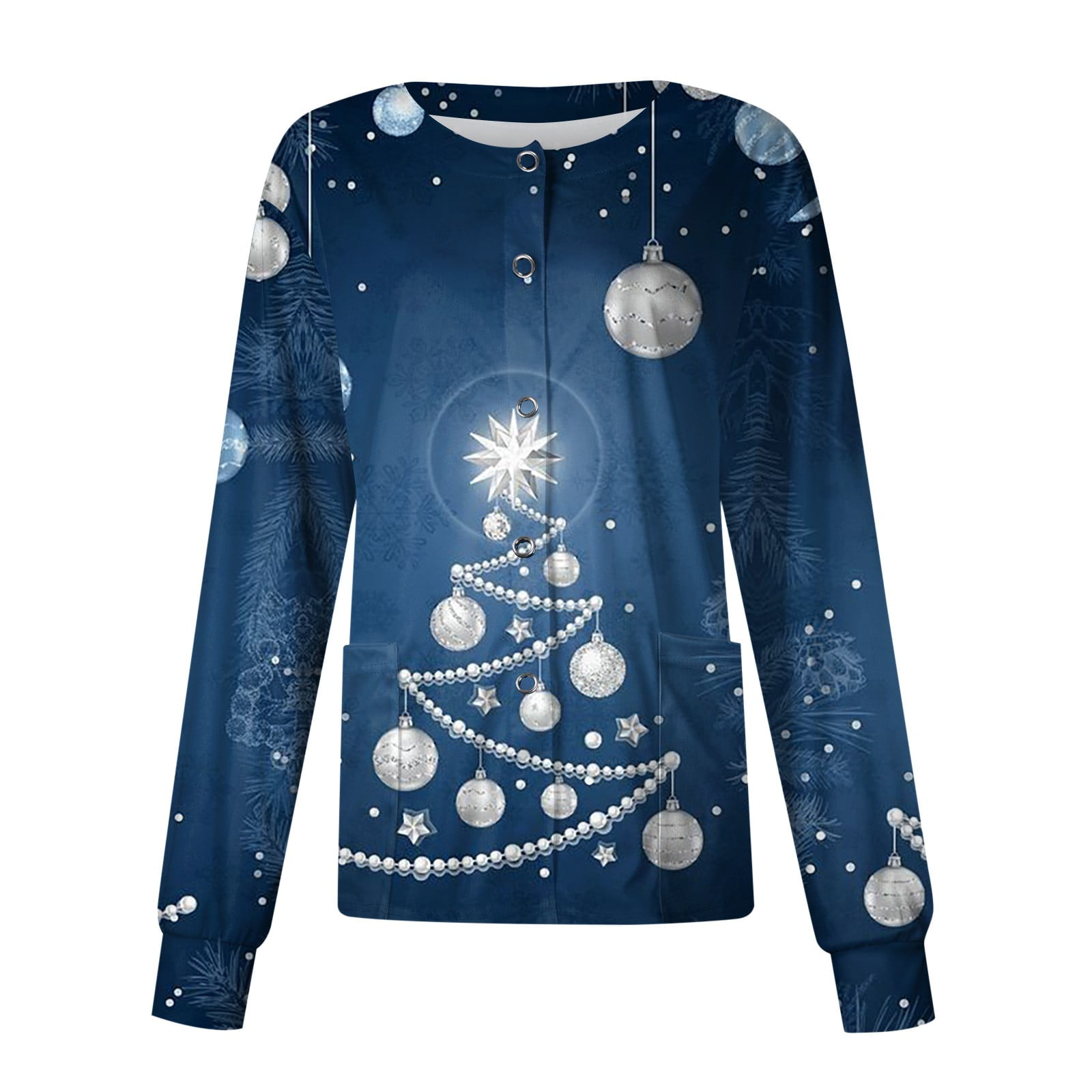 Ovticza Women's Scrub Tops Christmas Print Long Sleeve Button Down with ...