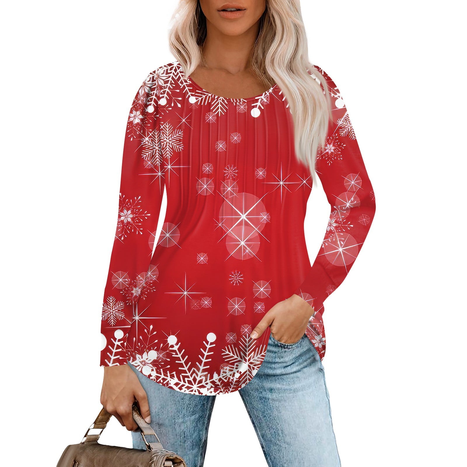 Ovticza Womens Tunic Christmas Tops Round Neck Pleated Women Puff Long ...