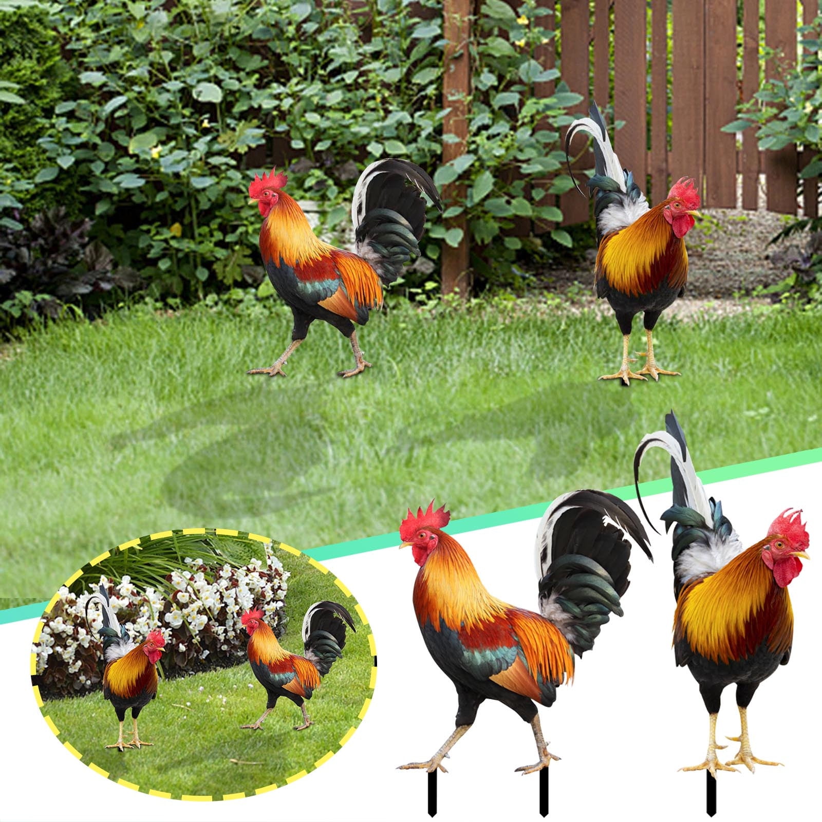 Ovzne Acrylic 2PC Rooster Decor Lawn Ornaments, Metal Chicken Garden ...