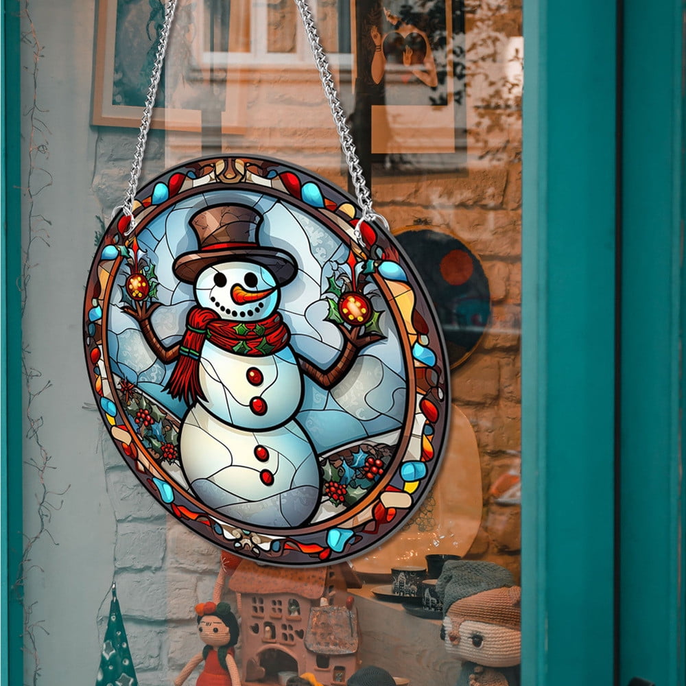 Ovzne Christmas Snowman Suncatcher Stained Glass Acrylic Window ...