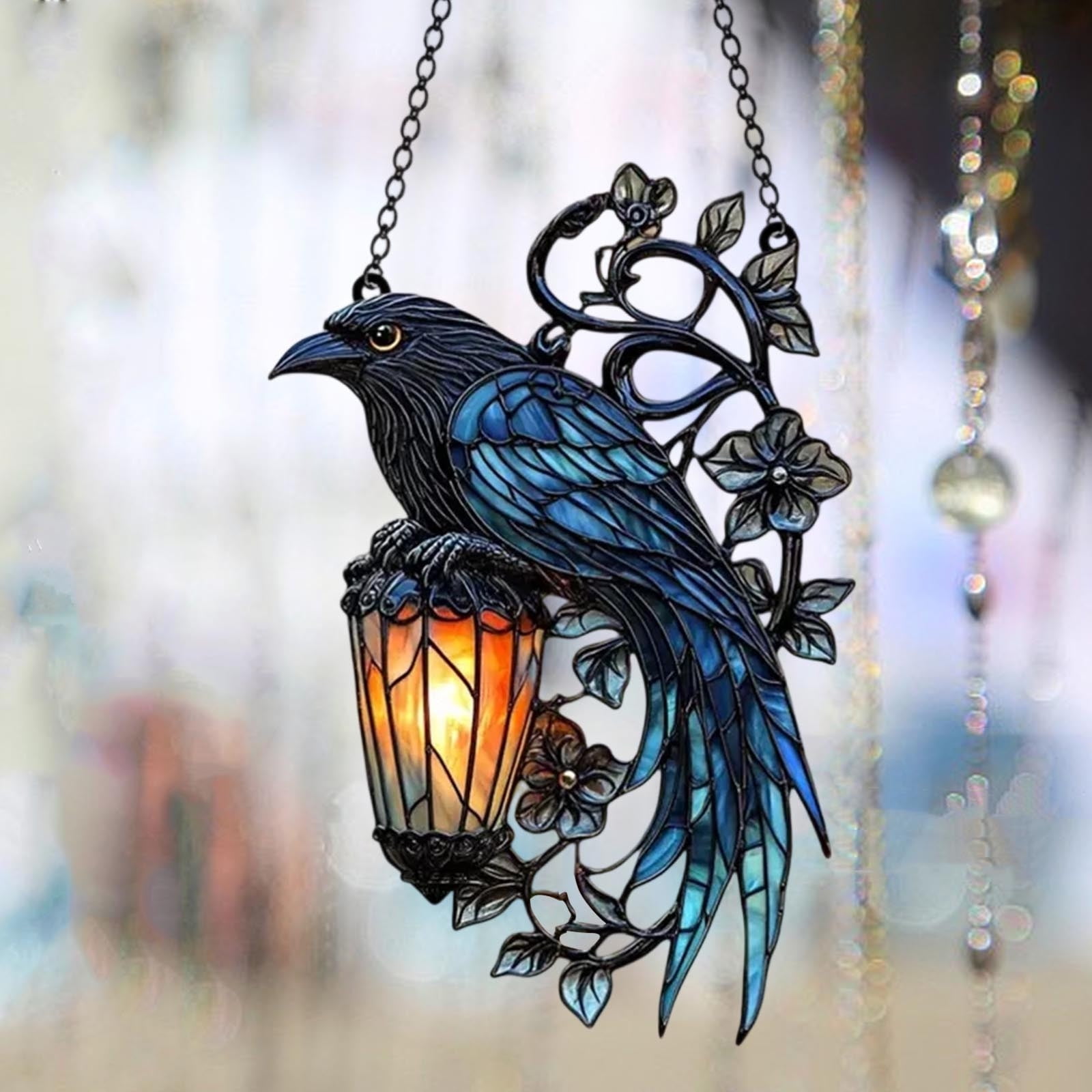 Ovzne Gothic Sun Catcher – 2D Stained Glass Crow Ornament With ...