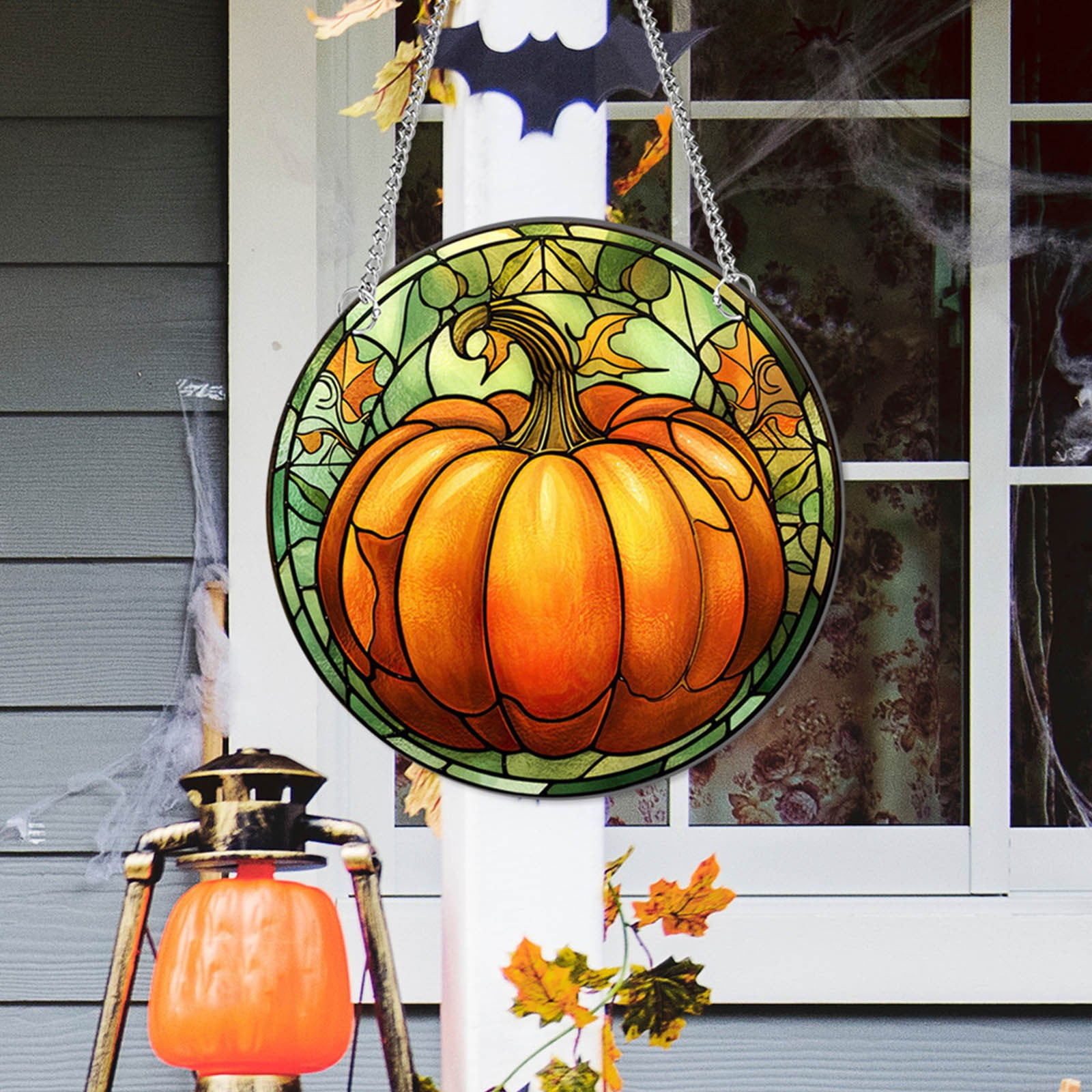 Ovzne Pumpkin Gifts Stained Glass Window Hangings,Pumpkin Decor Glass ...