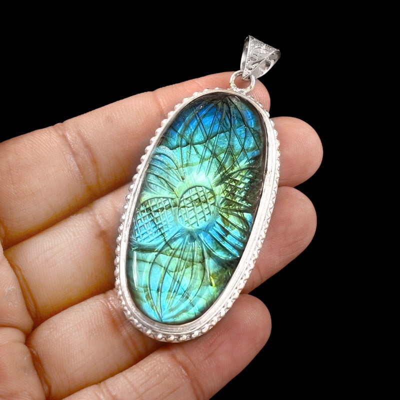 Owais Gems And Jewelry Laborite Gemstone 149 CT's Oval Shape Multi Fire Silver Pendant Unisex ...