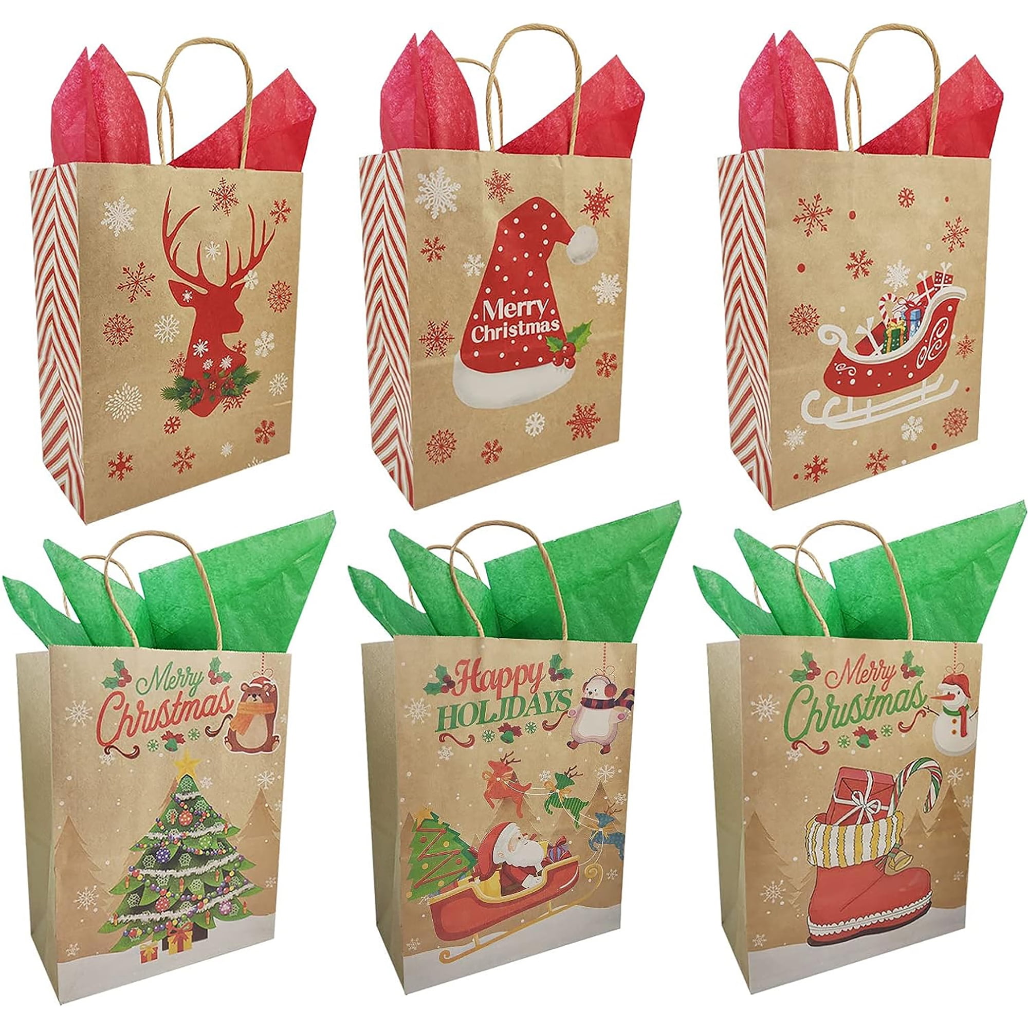 Owis 24 Pack Christmas Kraft Gift Bags with Handle, Holiday Goodie Bags ...