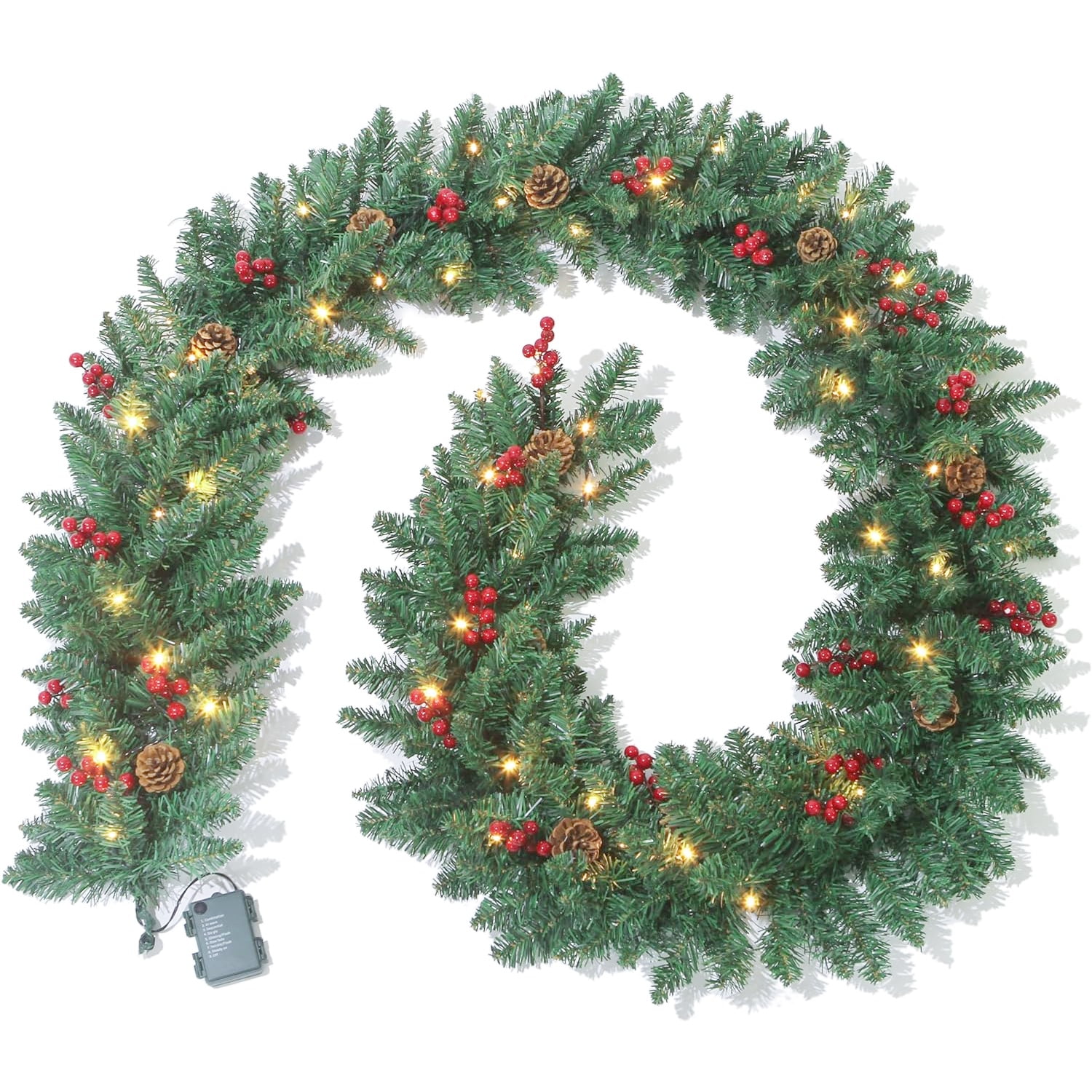 Owis 9FT Pre-lit Christmas Garland with Red Berry and Pine Cones ...