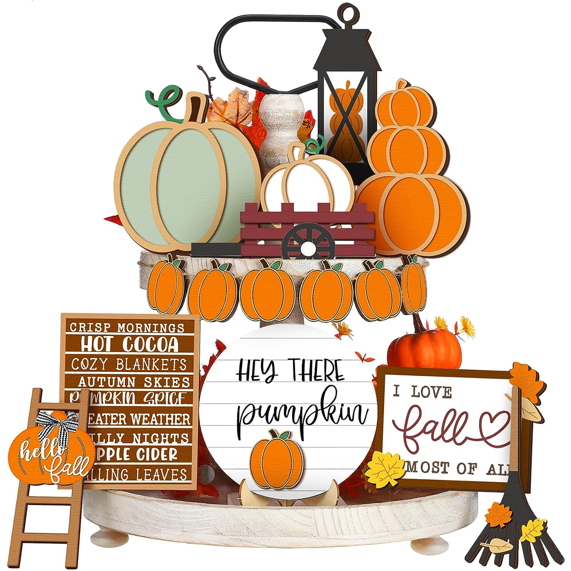 Owis Fall Tiered Tray Decor Set, Autumn Pumpkin, Rustic Farmhouse ...