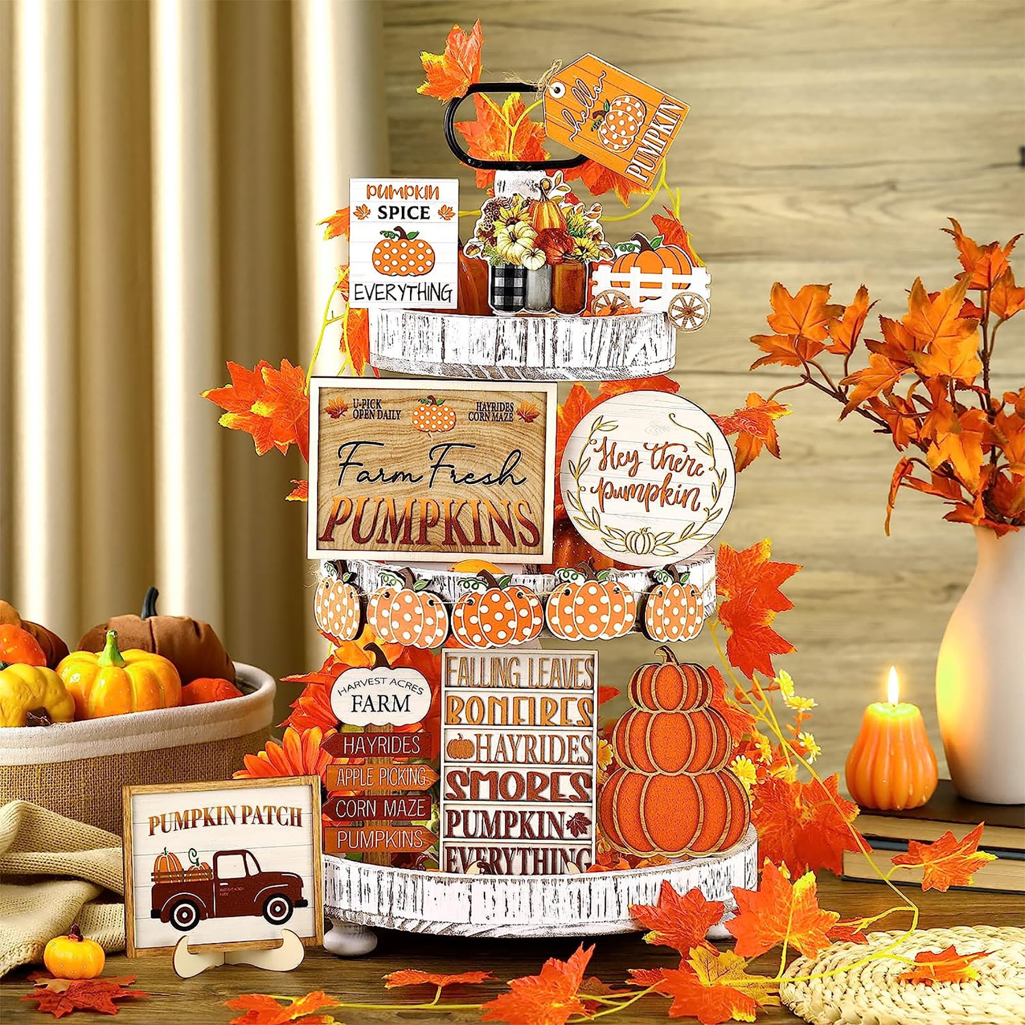 Owis Fall Tiered Tray Decorations Set for Thanksgiving Autumn Pumpkin ...