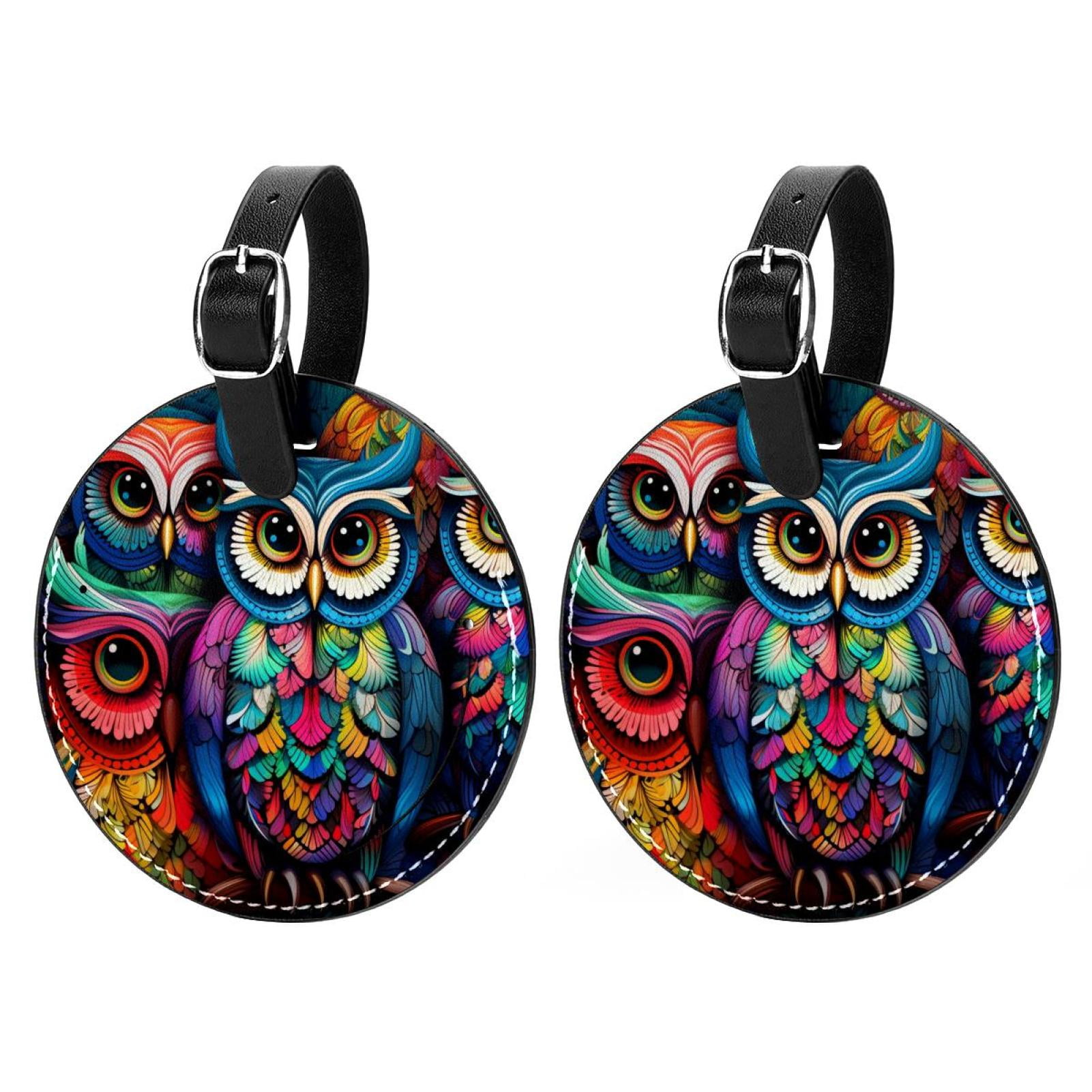 Owl 2pcs PU Leather Round Bag Tags with Privacy Cover and Name ID Tag ...