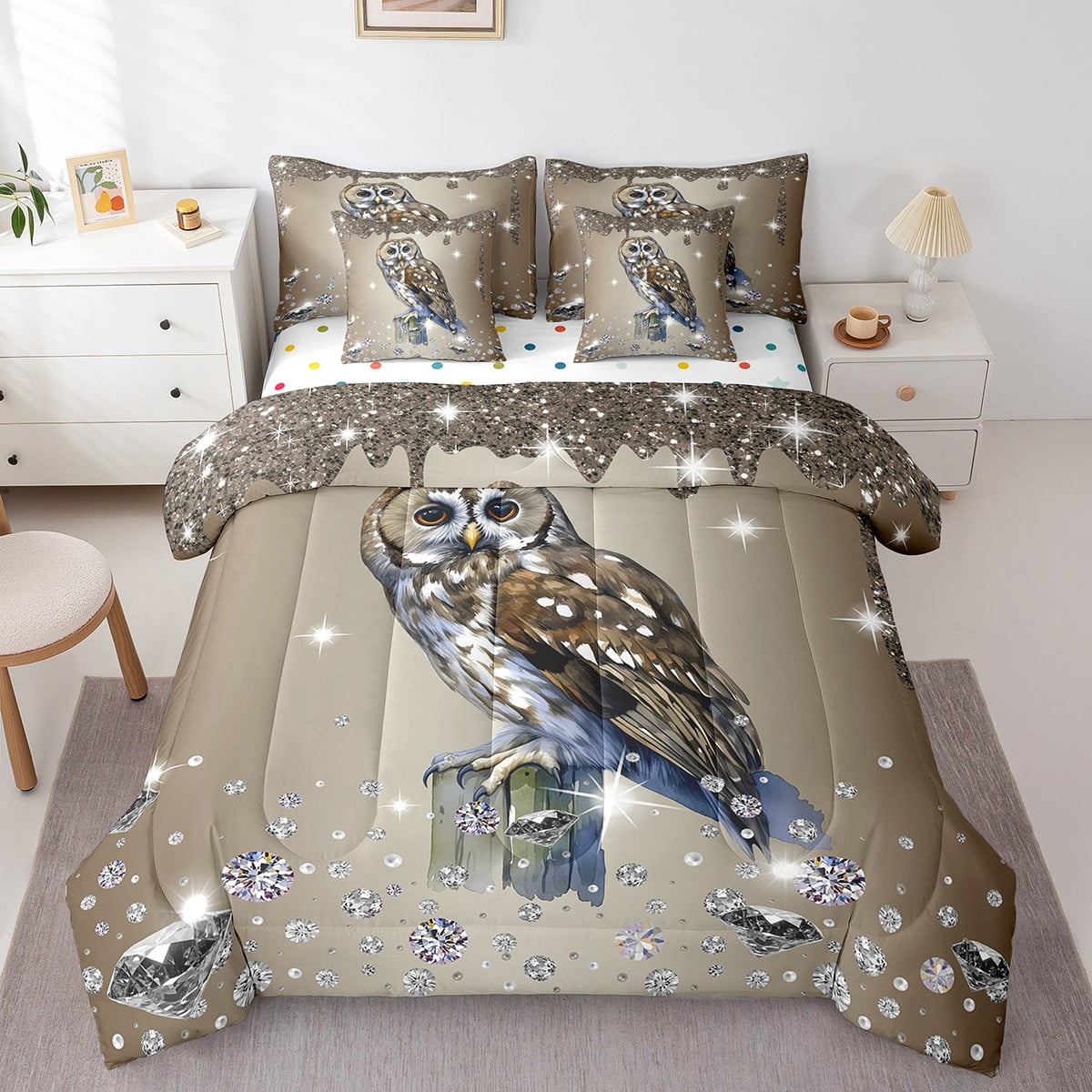 Owl Bed in a Bag King Size Comforter Set 7 Pieces,Brown Sequin Fluid ...