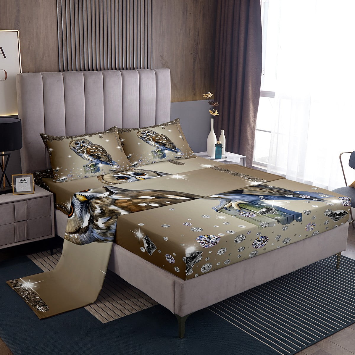 Owl Bed Sheets Set Brown Sequin Fluid Art Sheets,Crystal Diamond Sheet ...