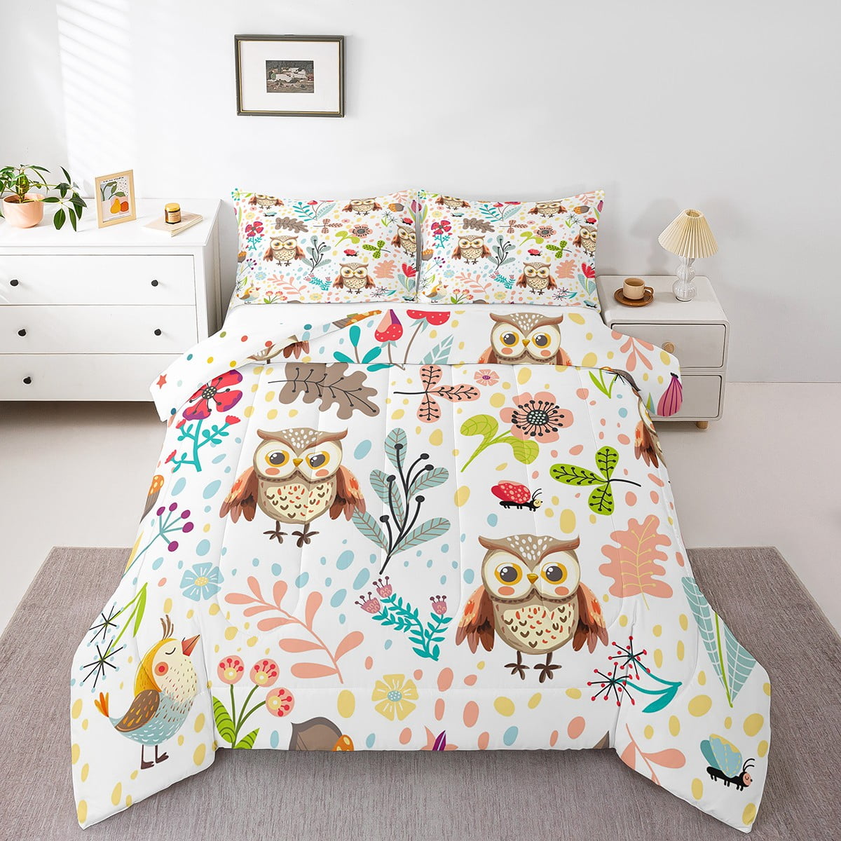 Owl Bedding Set Cute Owl Bird Comforter Set Woodland Leaf Flower Animal ...