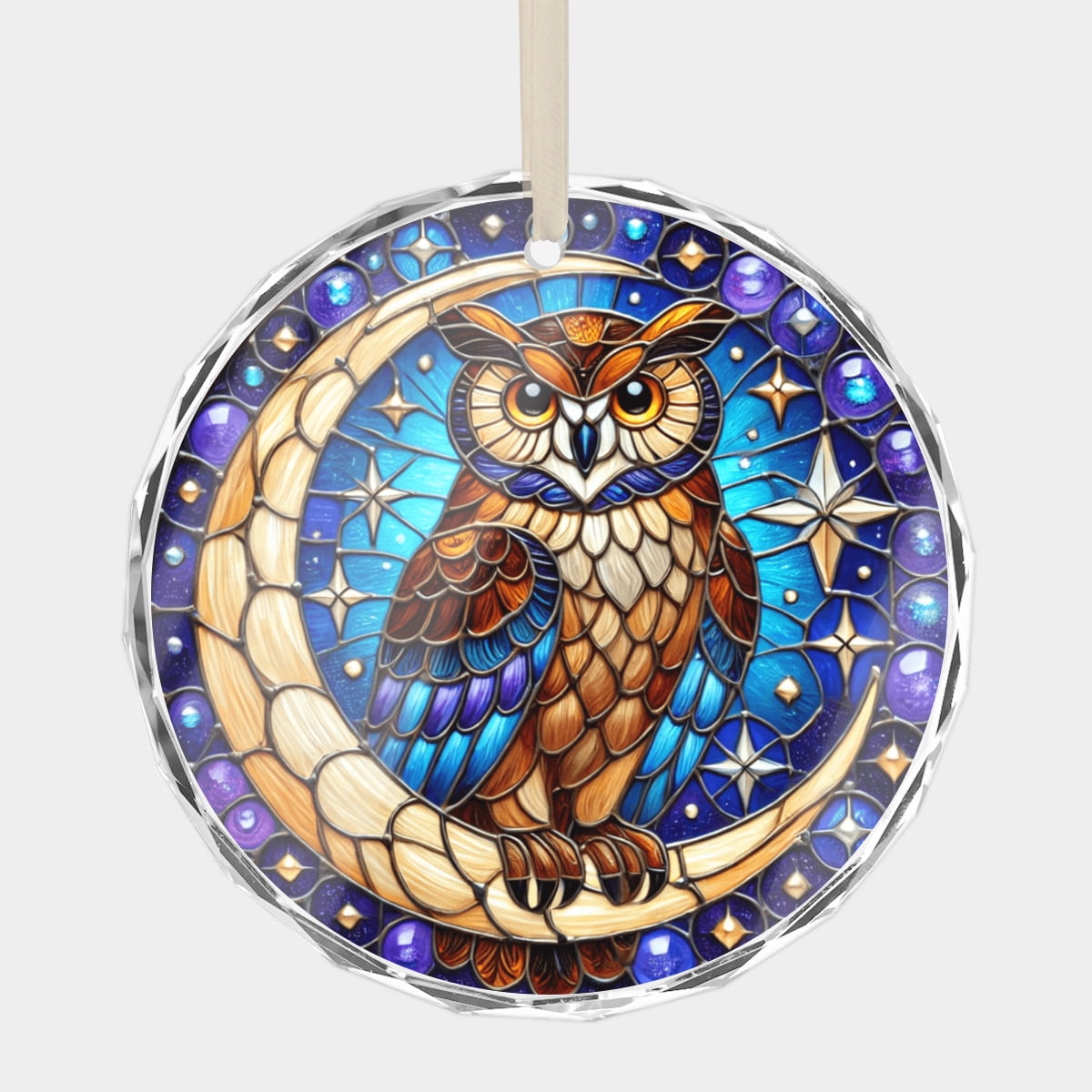 Owl Bird on a Crescent Moon at Night Owls Lover Crystal Glass Christmas ...