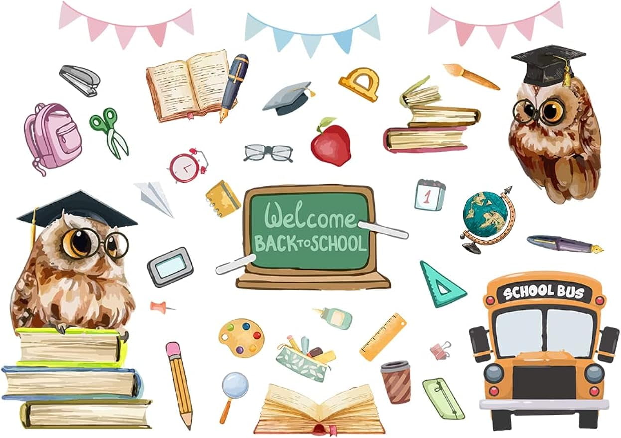 Owl Book Wall Sticker Study Stationery School Bus Globe Blackboard ...