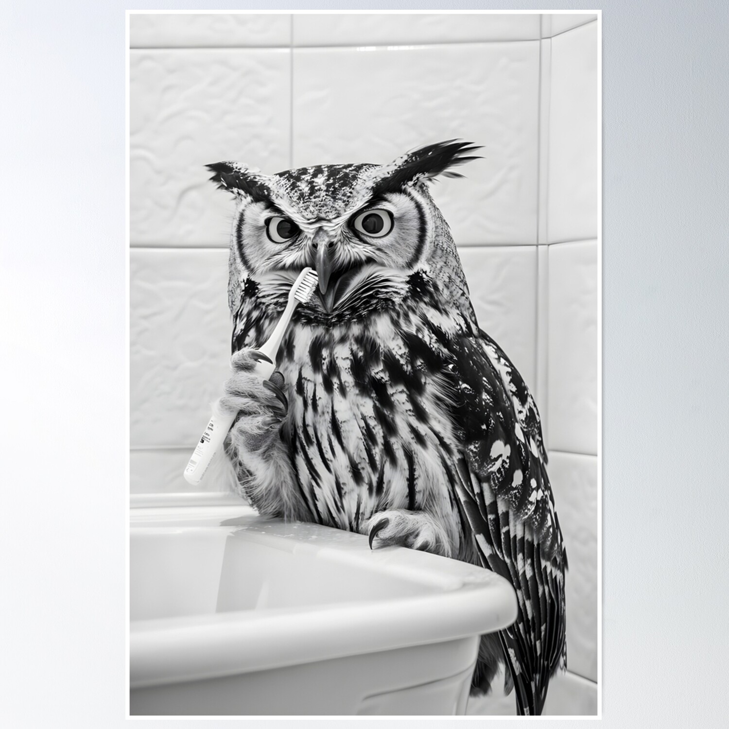 Owl Brushing Teeth, Animals In Bathroom Poster Wall Art, Modern Wall ...