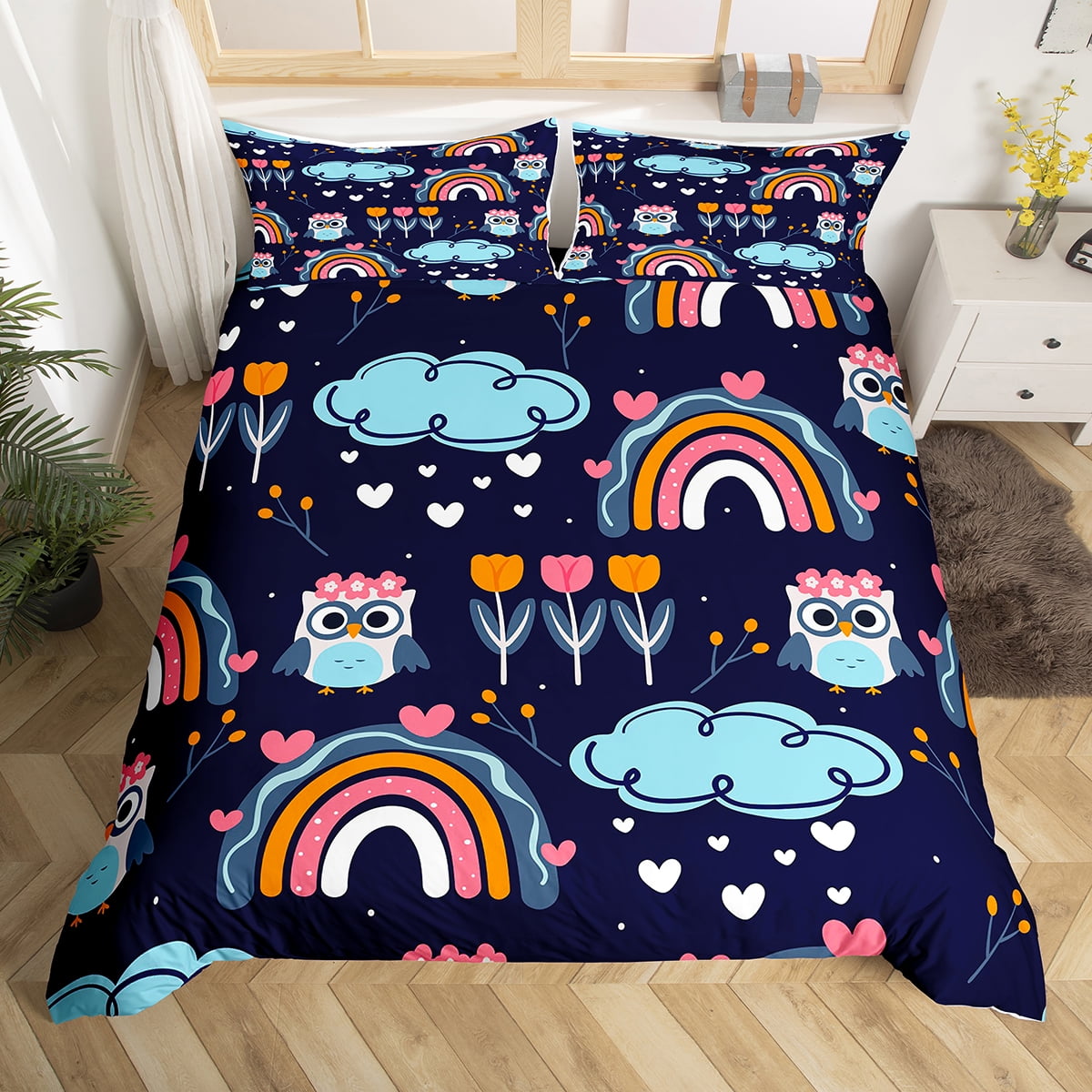 Owl Comforter Cover Cute Bird Wildlife Duvet Cover, Watercolor Rainbow ...