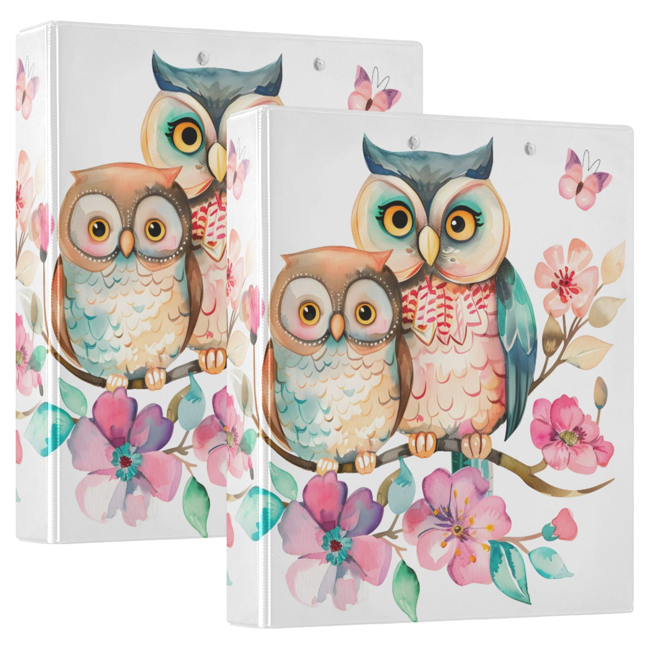 Owl Couple on Branch Hardcover 3 Ring Binder 1.5 inch Round Rings with ...