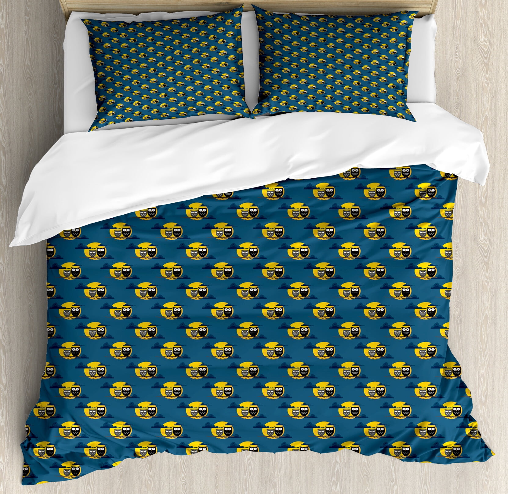 Owl Duvet Cover Set, Cartoon Birds on Branches Full Moon Clouds ...