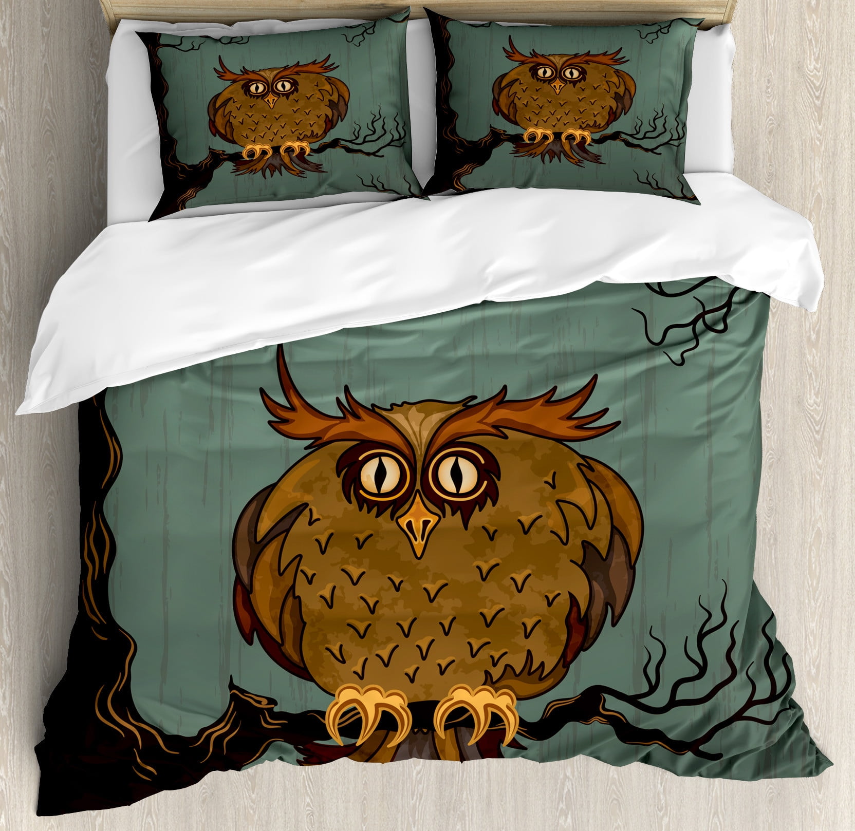 Owl Duvet Cover Set, Exhausted Hangover Tired Owl in Oak Tree with ...