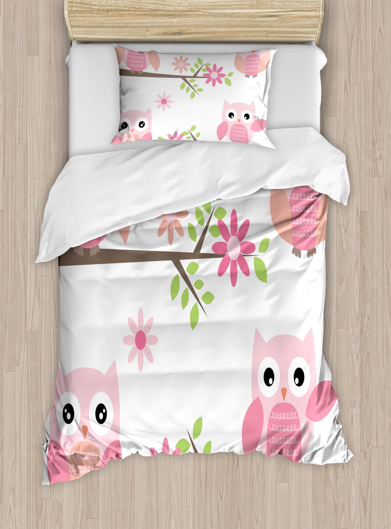 Owl Duvet Cover Set, Owls Waving in the Floral Tree Springtime Girly ...