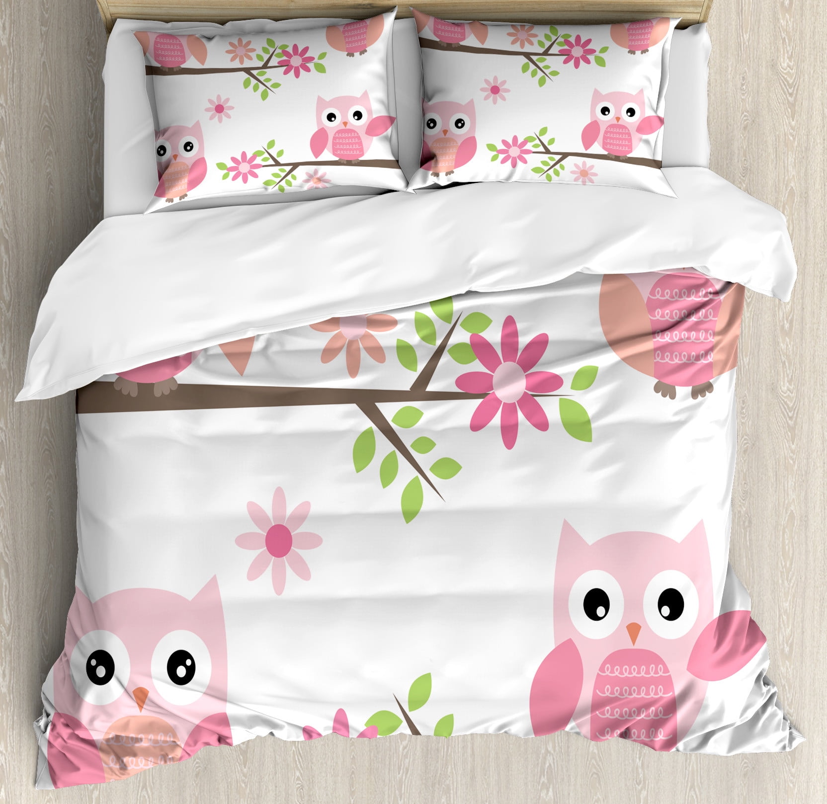 Owl Duvet Cover Set, Owls Waving in the Floral Tree Springtime Girly ...