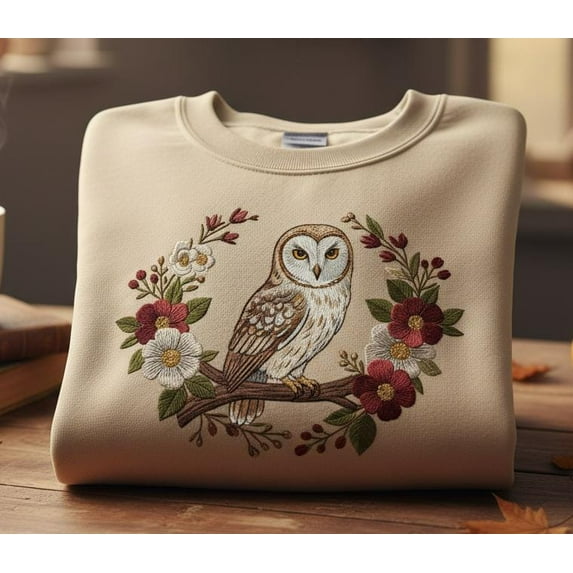 Owl Embroidered Sweatshirt – Beige Pullover with Floral Wreath ...