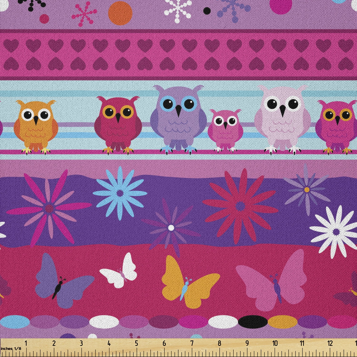 Owl Fabric by The Yard, Striped Cartoon Style Pattern with Owls Flowers ...