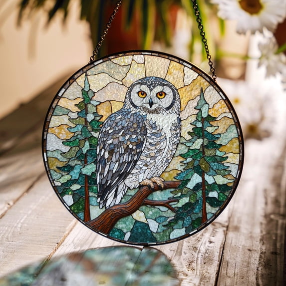 Owl Forest Scene Stained Glass Style Suncatcher, Woodland Window ...