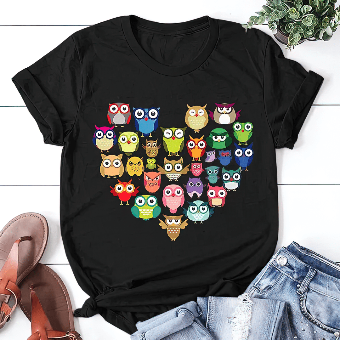 Owl Heart Love Graphic T Shirts Women Summer Short Sleeve Tee Shirt ...