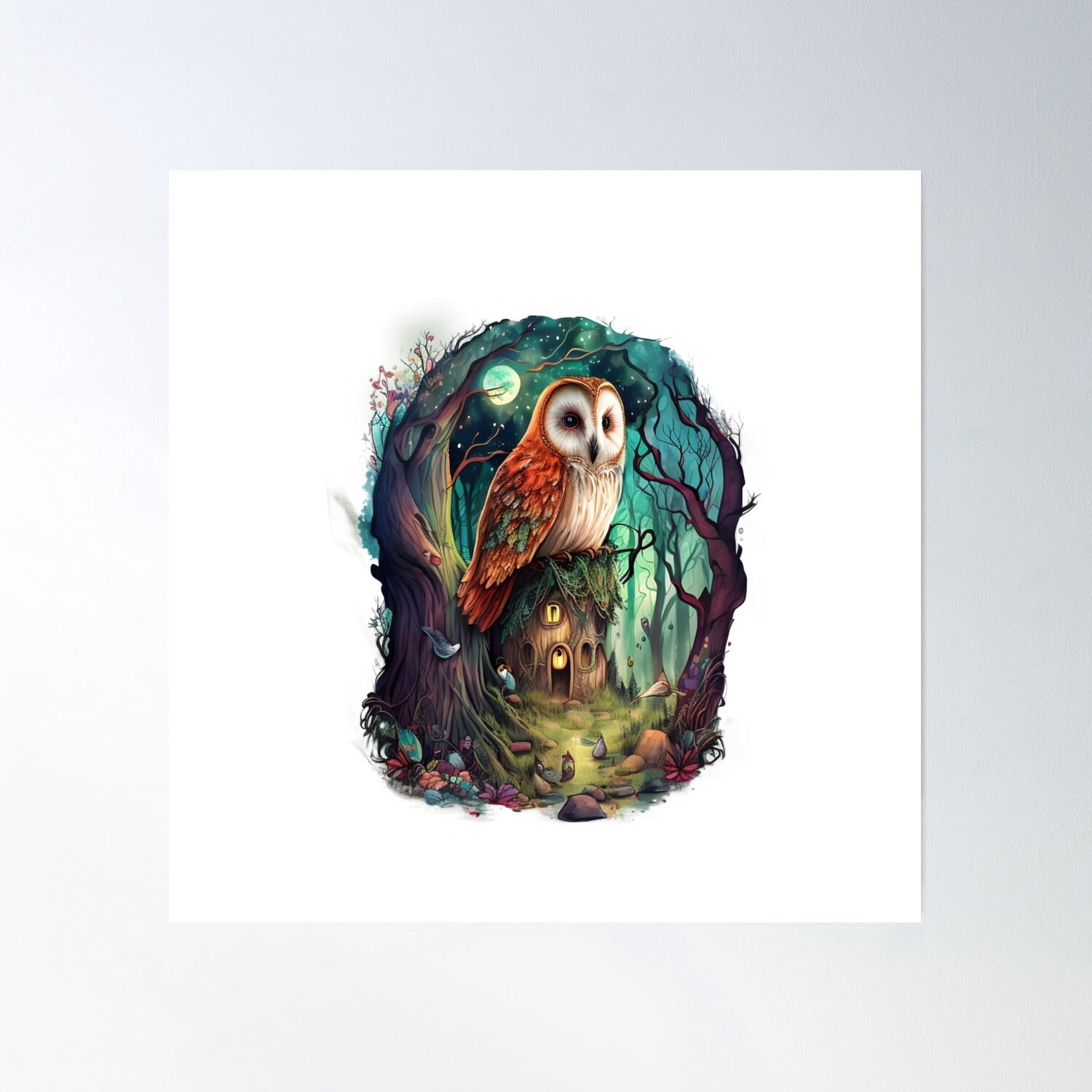 Owl In The Enchanted Forest Poster Wall Art, Modern Wall Decor, 16x16 ...