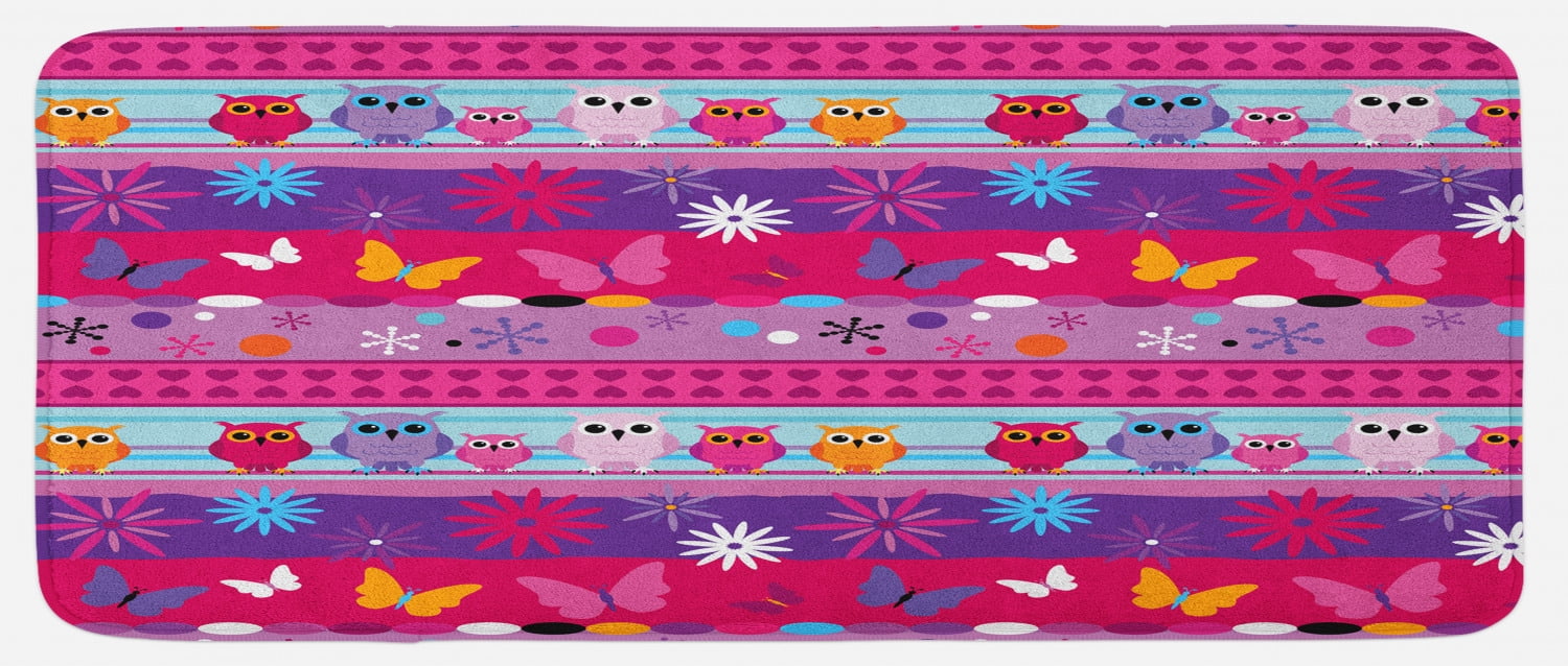 Owl Kitchen Mat, Striped Cartoon Style Pattern with Owls Flowers ...