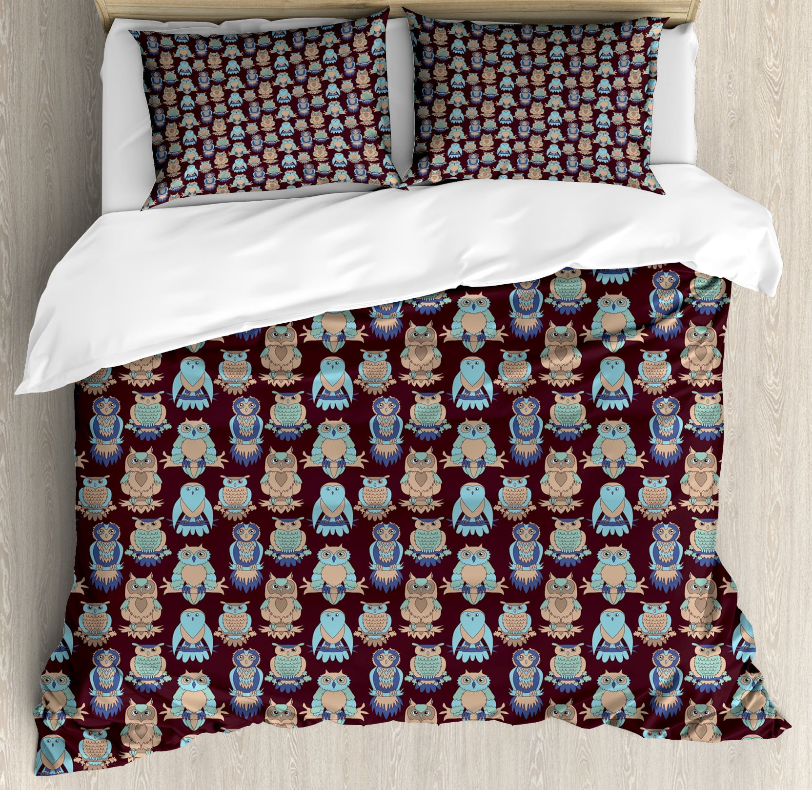 Owl Print Duvet Cover Set, Abstract Pastel Colored Night Bird Animals ...