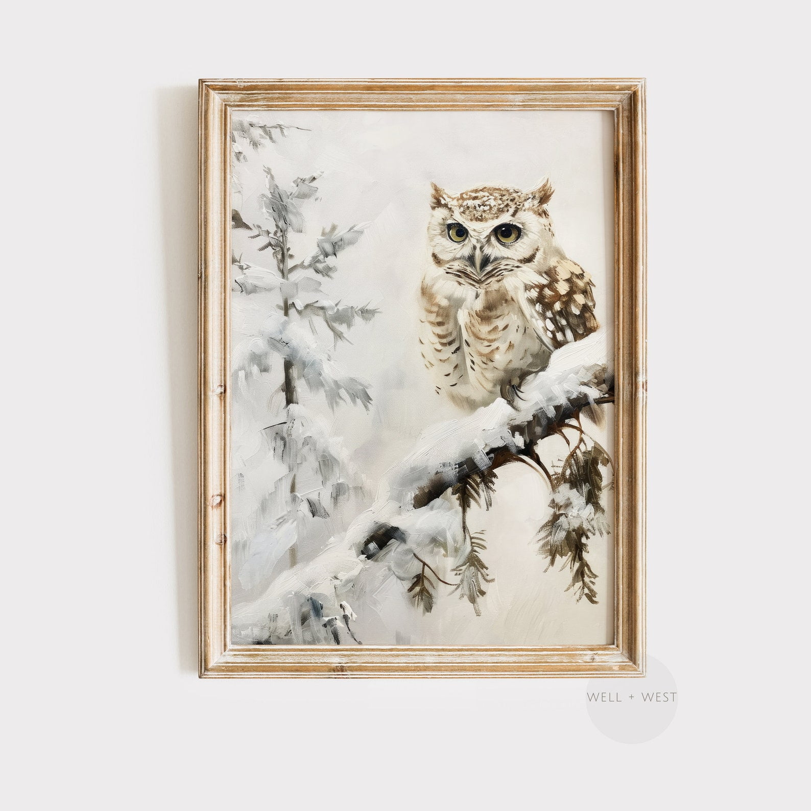 Owl Print, Neutral Vintage Winter Oil Painting, Snowy Country Christmas ...