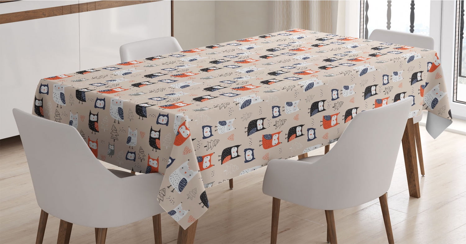 Owl Print Tablecloth, Sketchy Pattern of Funny Birds Outline Trees and ...