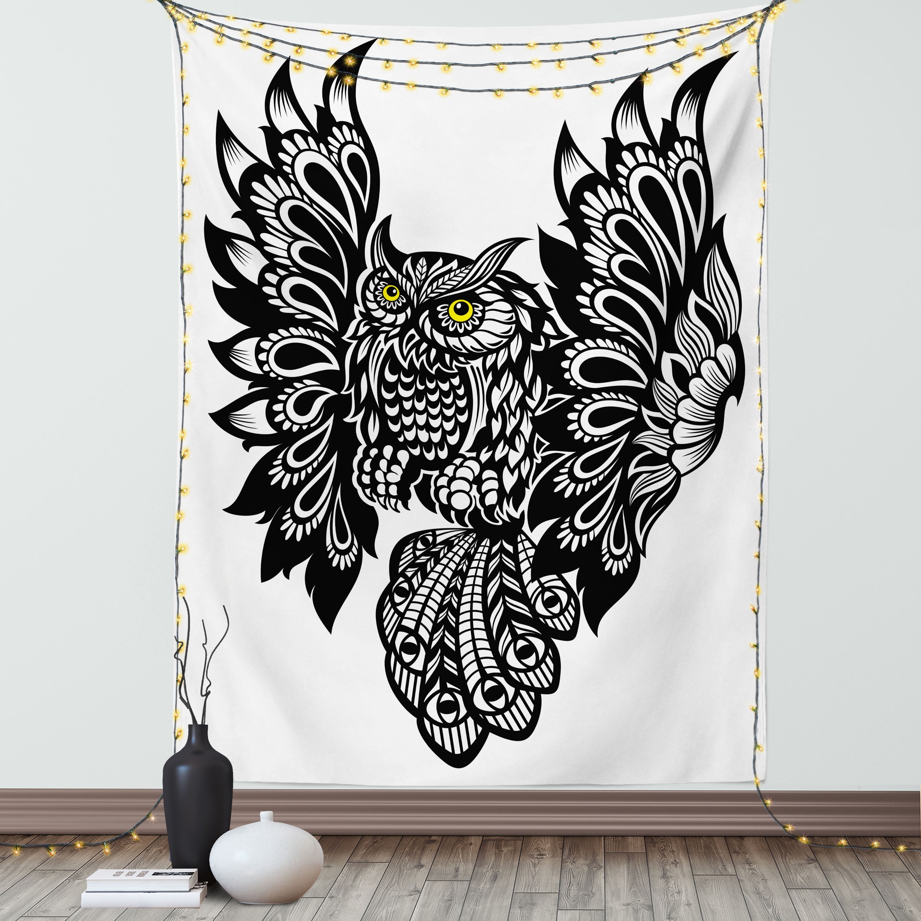 Owl Print Tapestry, Artistic Ornamental Monochrome Bird with Yellow ...