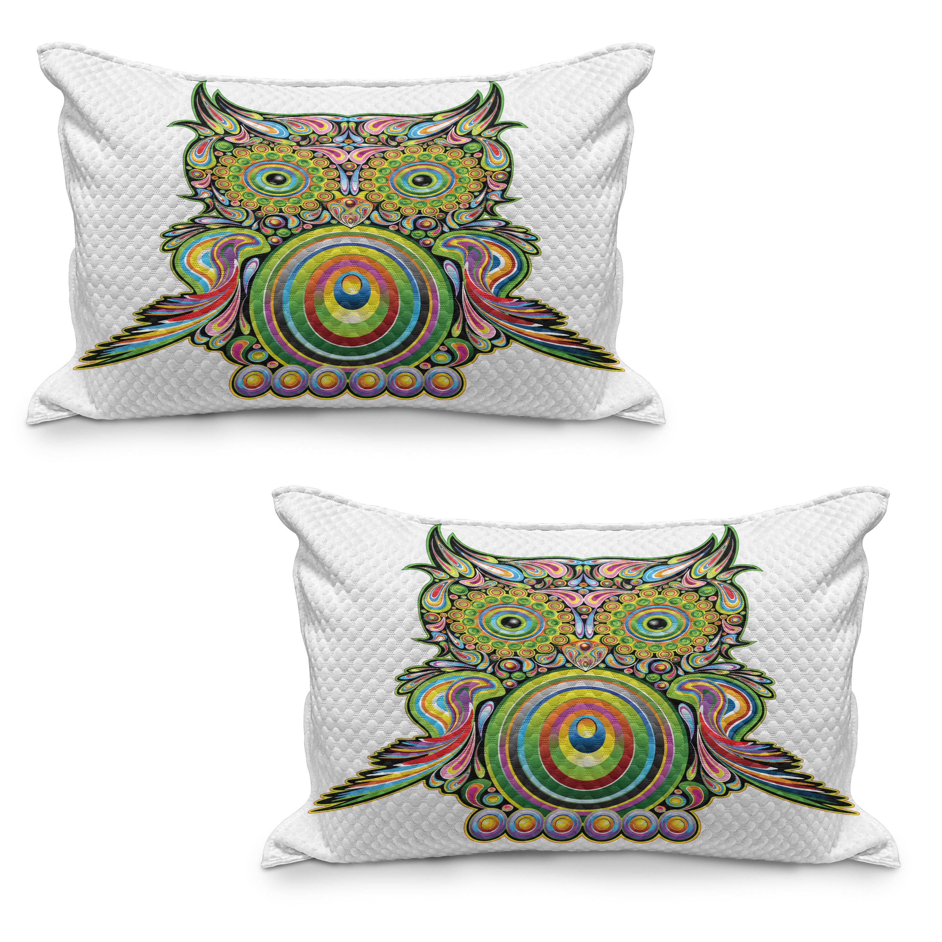 Owl Quilted Pillowcover Set of 2, Ornate Colorful Owl Elements Eye ...