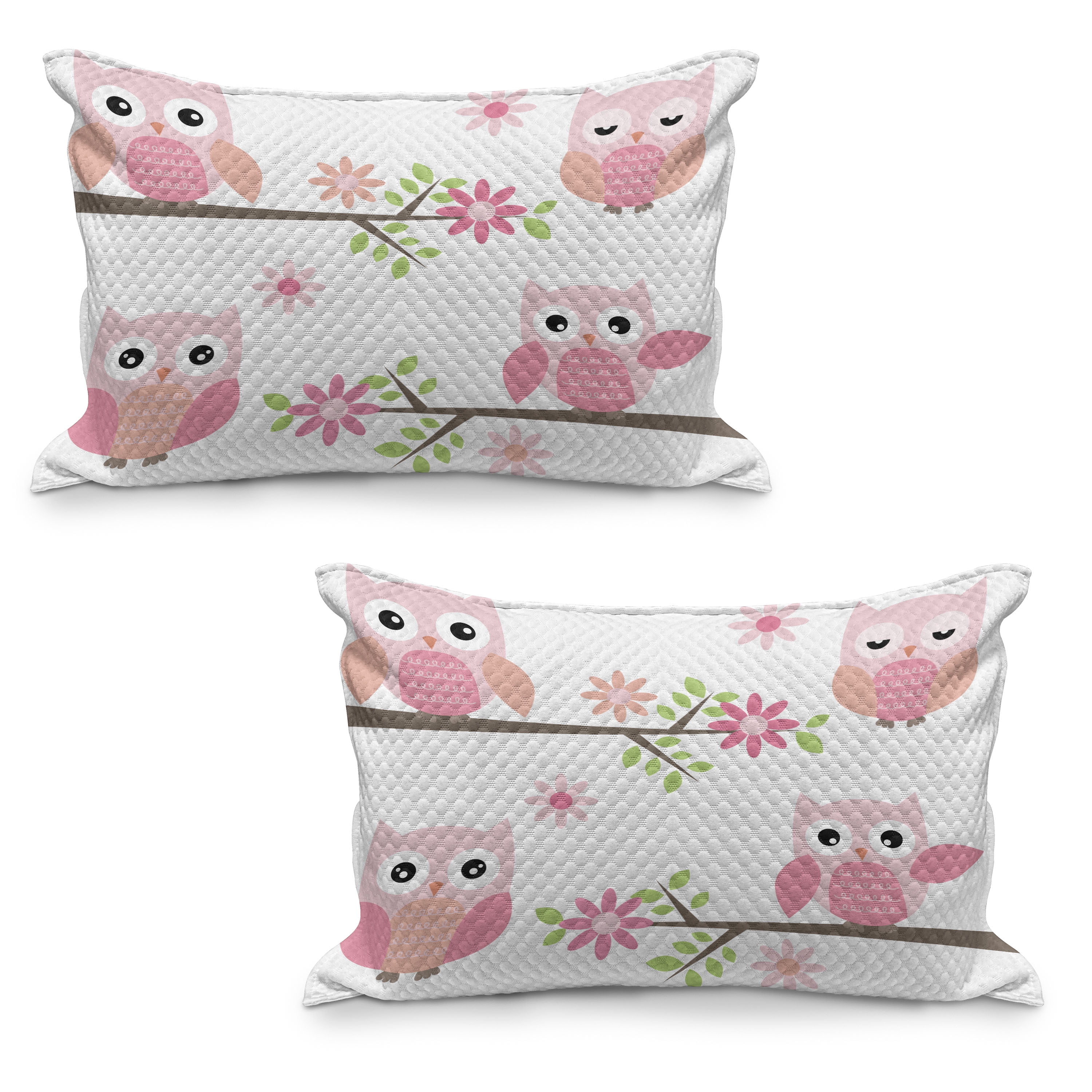 Owl Quilted Pillowcover Set of 2, Owls Waving in the Floral Tree ...